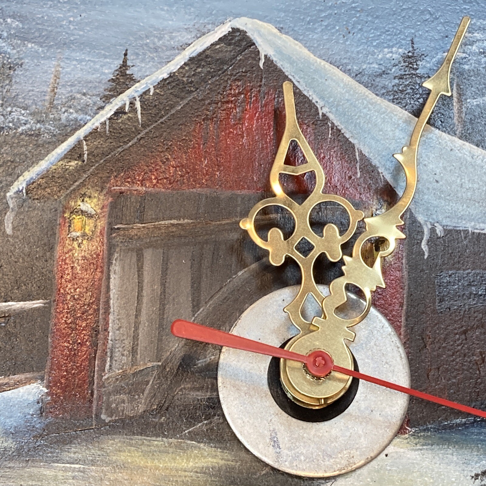 Handpainted sawblade clock. Covered bridge winter scene. Clock | eBay