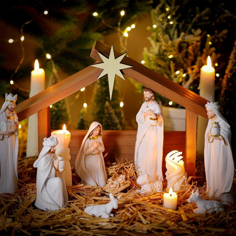 Christmas Wooden Nativity Manger Wood Nativity Scene with Roof Star 14. ...