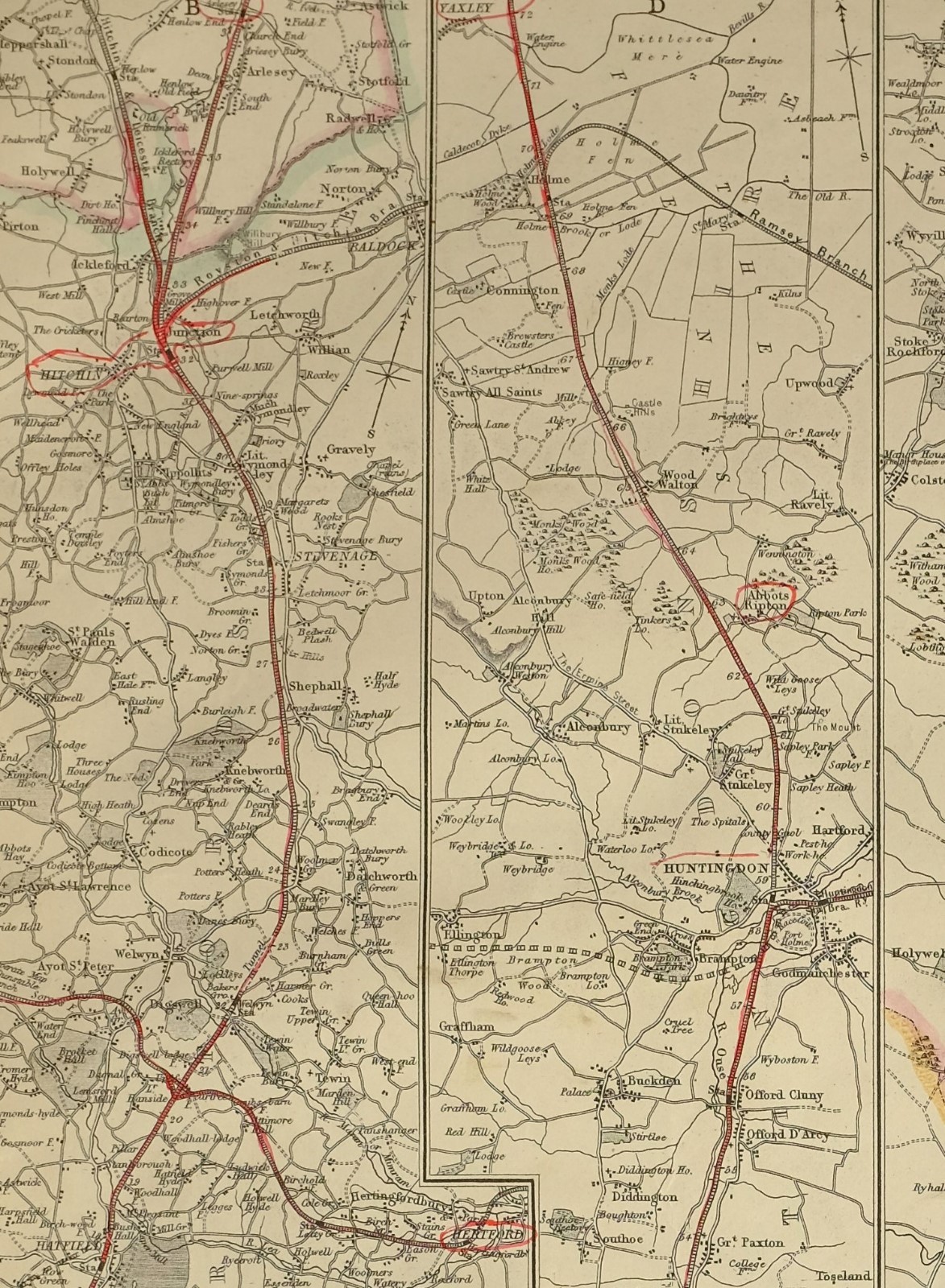 1864 ORIGINAL MAP THE GREAT NORTHERN RAILWAY LONDON TO GRANTHAM ...