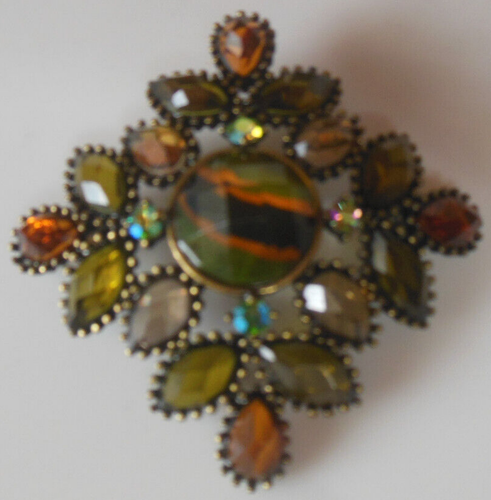 Vintage Brown Green & AB Rhinestone Brooch 2" x 2" | eBay