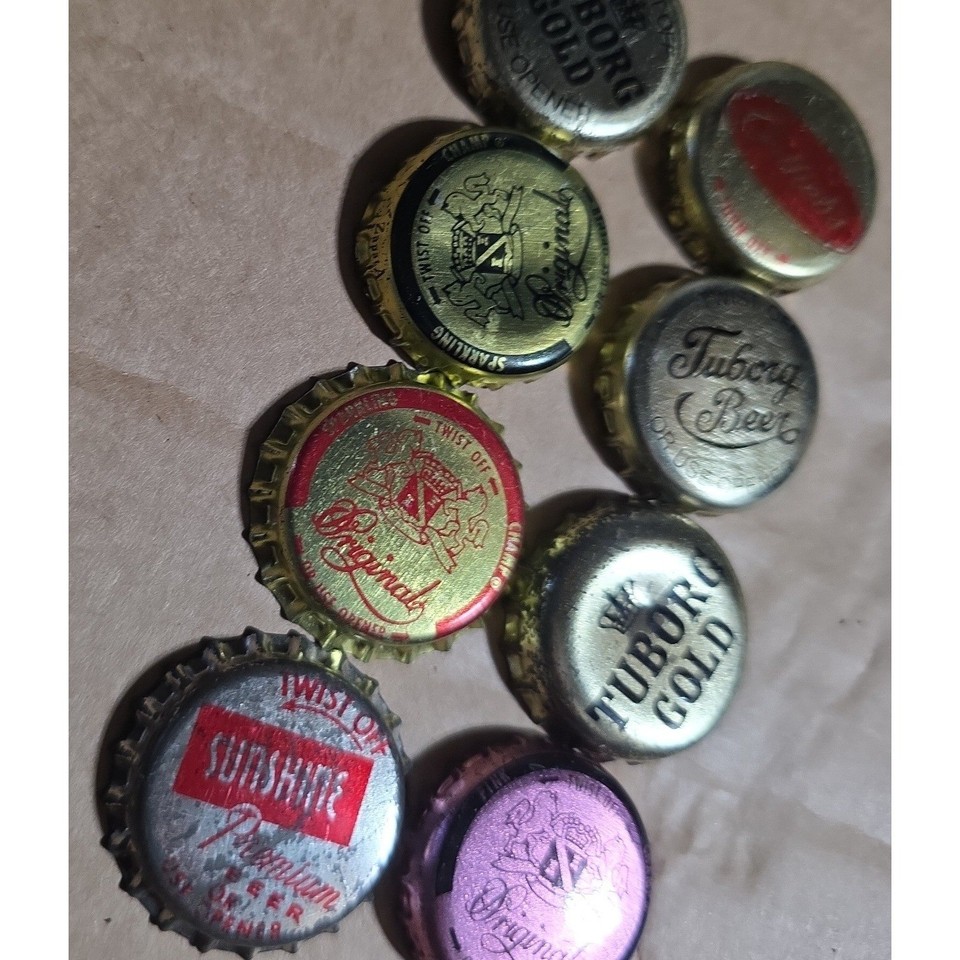 Vintage Beer Bottle Cap Lot Tuborg Gold Originals Sunshine Ollies 8pc ...