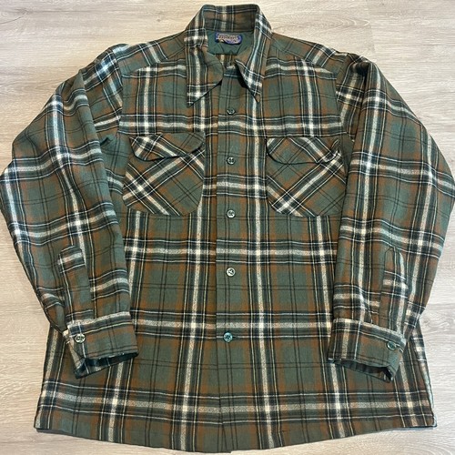 Vintage 60s Pendleton Board Shirt Mens Medium Green Plaid Wool Loop Collar | eBay