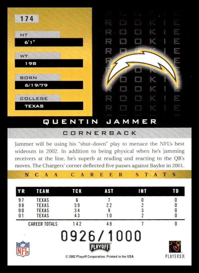 2002 Playoff Honors #174 Quentin Jammer #/1000 | eBay