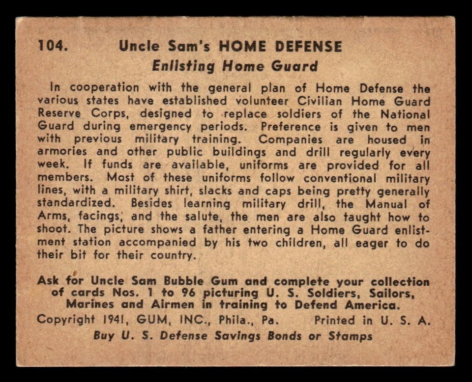 1941 R157 Gum Uncle Sam Home Defense #104 Enlisting home gaurd GD *e1 ...