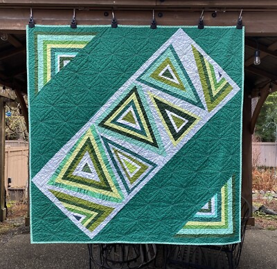 JADE GEOMETRY Modern Throw Quilt 56” x 56” Handmade. Cotton. Green triangles | eBay