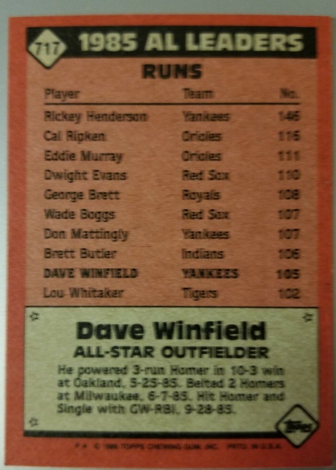 Dave Winfield New York Yankees 1986 Topps A.L. ALL STAR Baseball Card ...