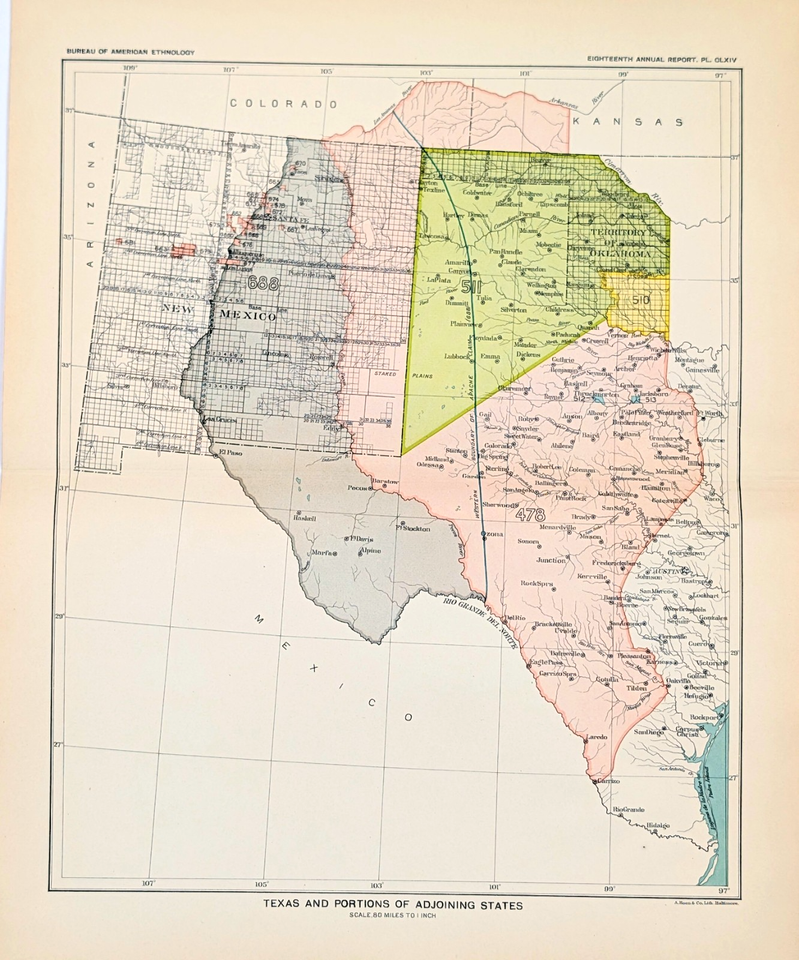 1899 WEST TEXAS NEW MEXICO Map ORIGINAL CEDED NATIVE AMERICAN LANDS ...