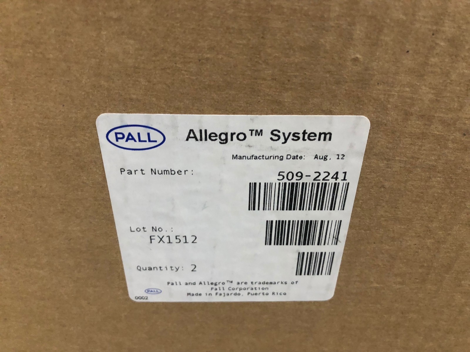 Pall 509-2241 Allegro System Filtration Separation Solution System Lot ...