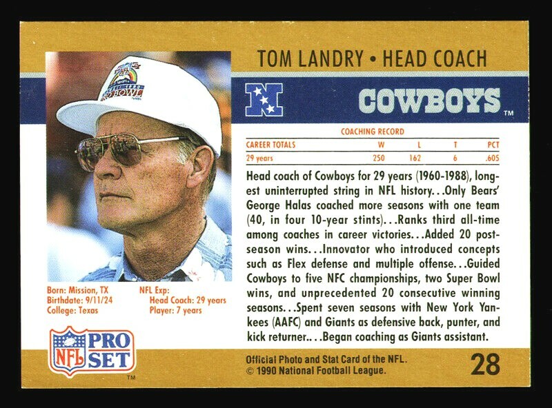 1990 PRO SET #28 TOM LANDRY PERFECT BLACK AUTOGRAPHED CARD PLACEMENT ...