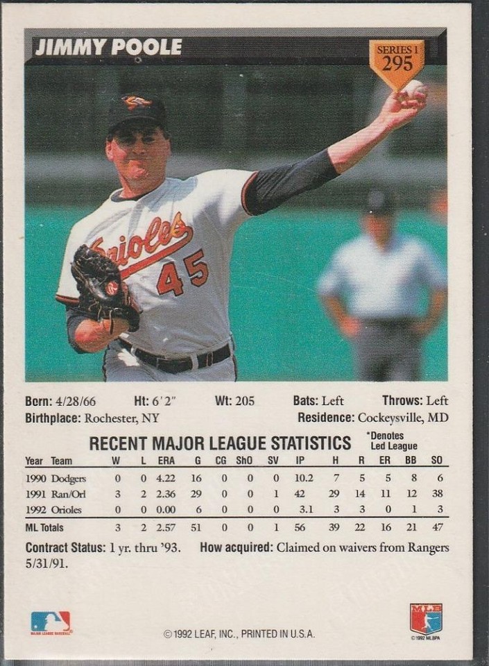Original Autograph, Jimmy Poole; Baltimore Orioles, 1993 Donruss, #295 ...