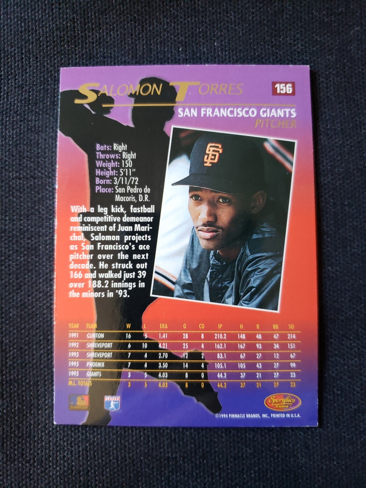 1994 Sportflics #156 Salomon Torres Rookie Card San Franscisco Giants ...