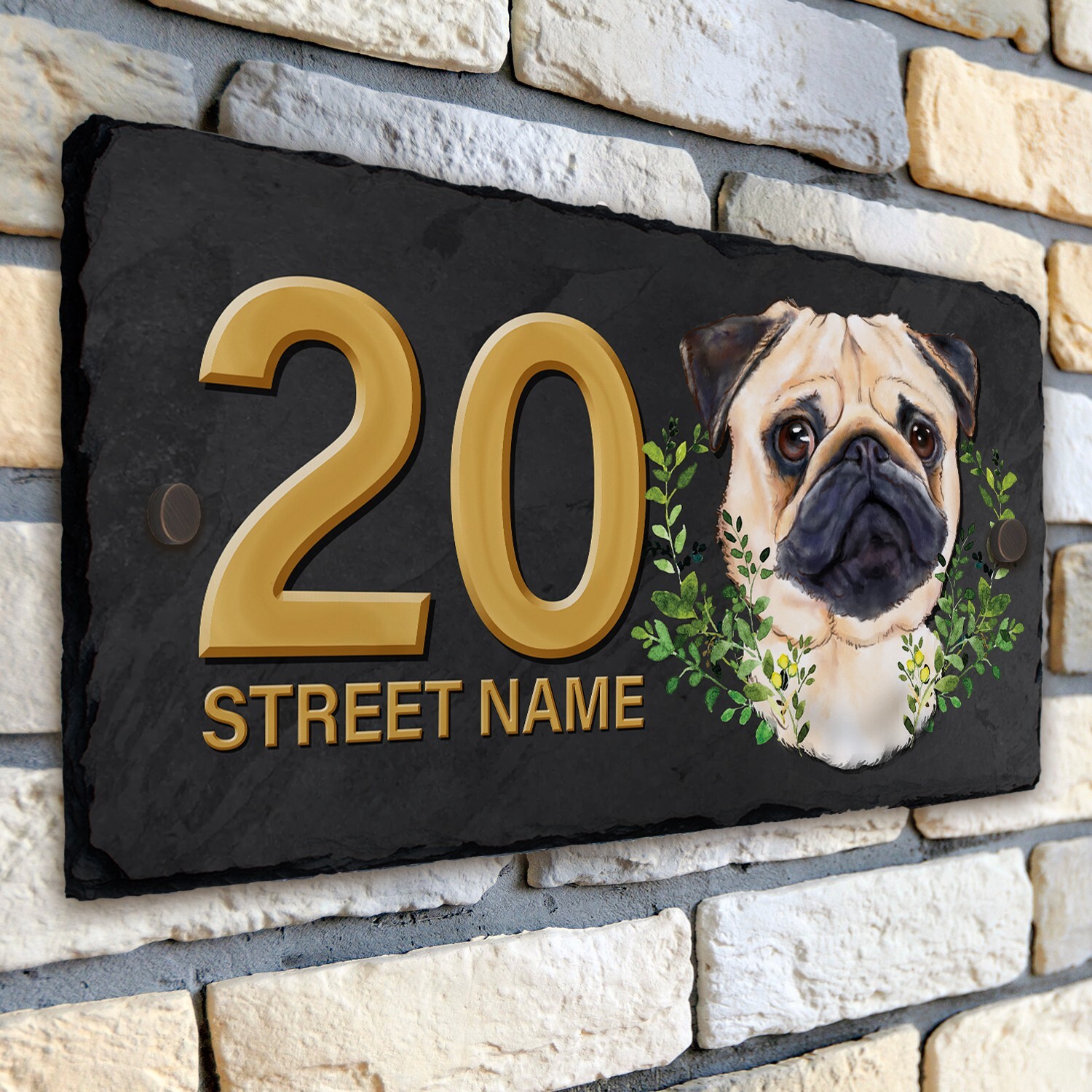 Pug House Number Slate Sign Custom Custom Dog Door Plaque Personalised ...