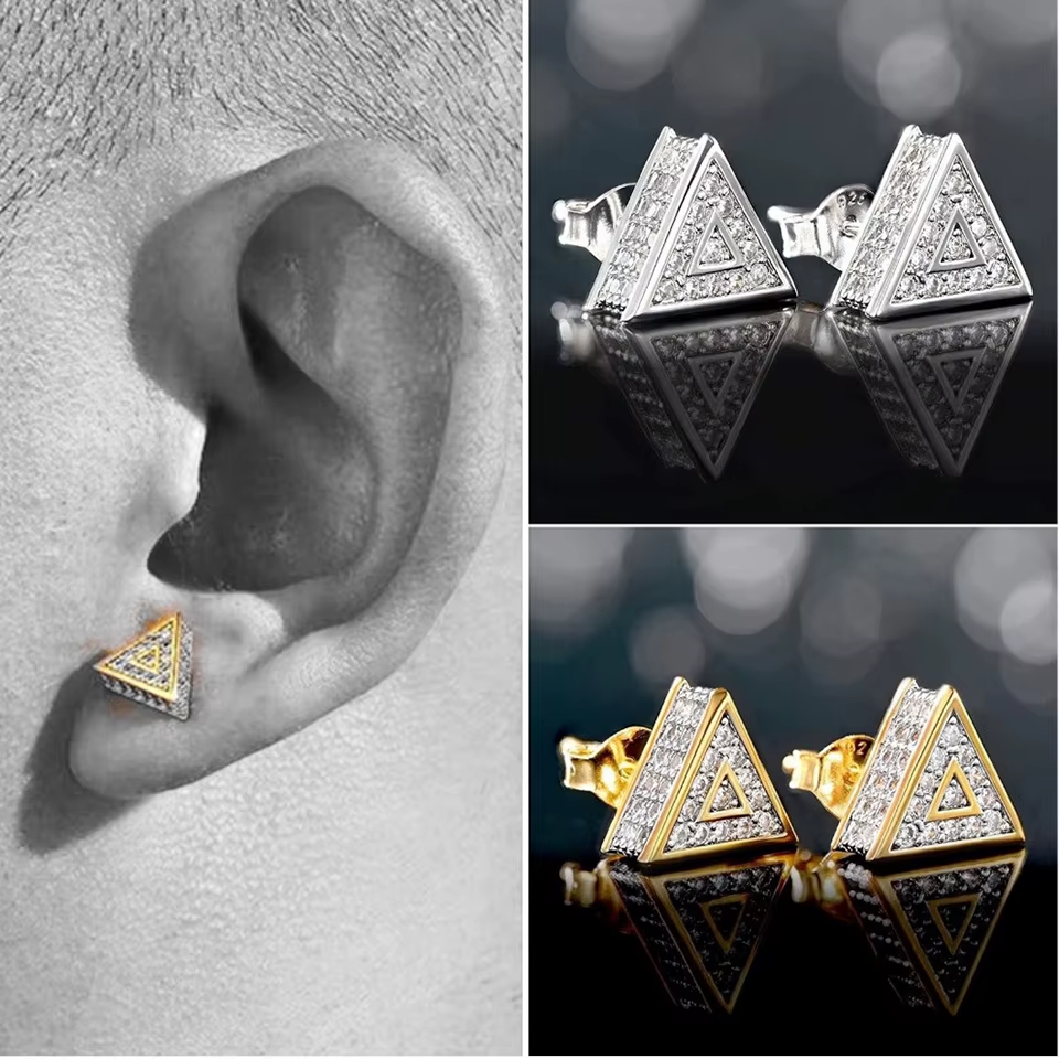 Triangle Pierced Crystal Zircon Stud Earrings for Women Men Hip Hop ...