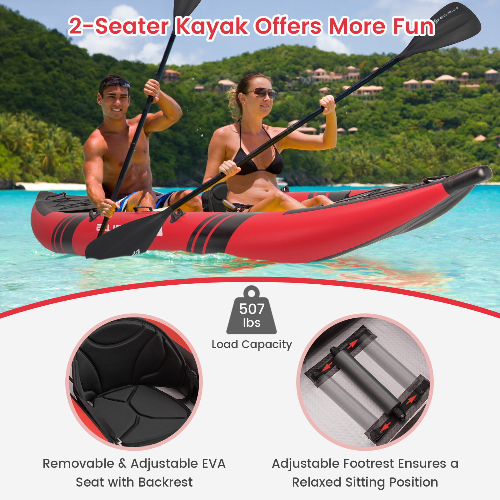 Inflatable Kayak Set 2-Person Portable with Aluminium Oars Padded Seat ...
