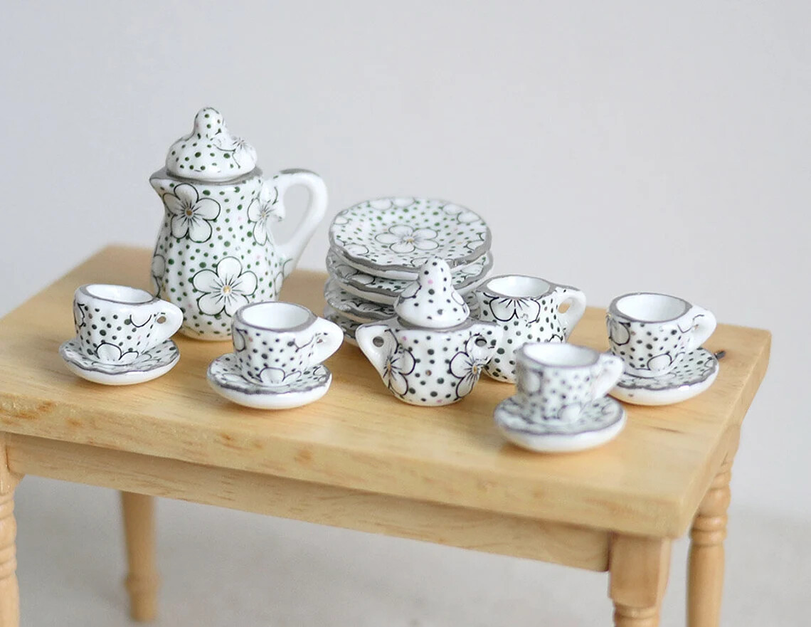 Dollhouse Miniature Porcelain Dinnerware Coffee tea pot cups dish set ...