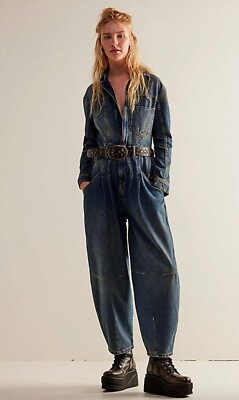 Free People Roulette Denim Barrel Jumpsuit in Blue Size XS Utility Suit ...