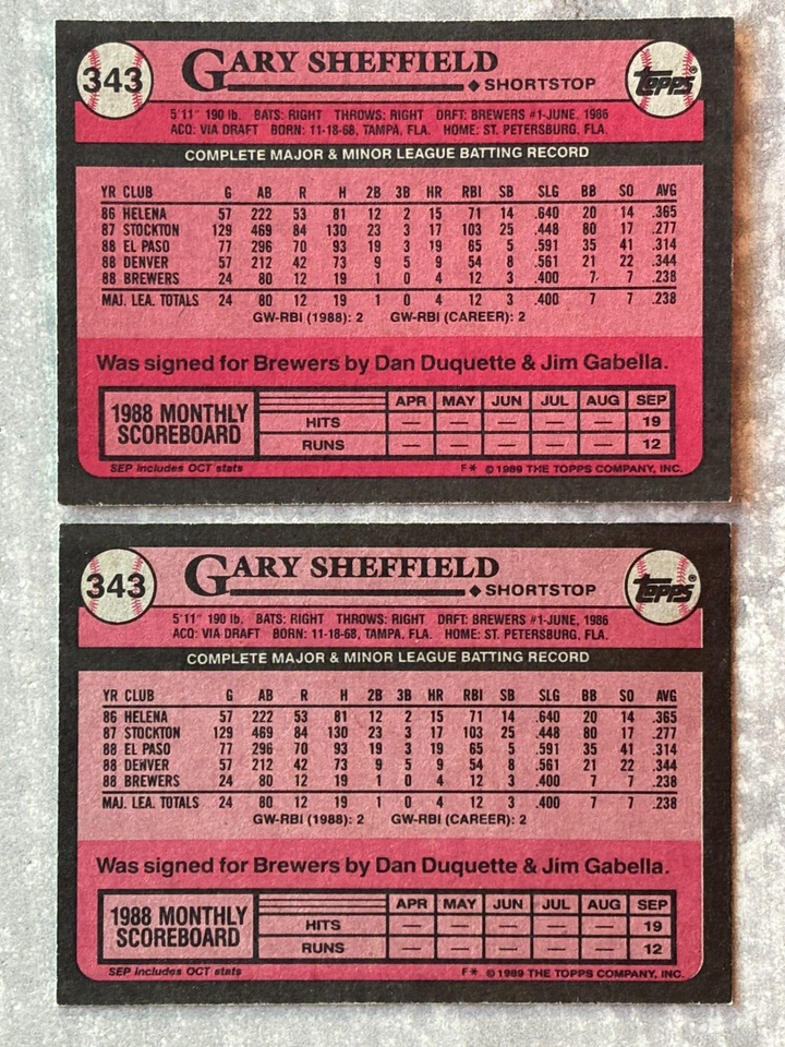 1989 Topps GARY SHEFFIELD "Small Large Gap" Error & Correct Baseball ...