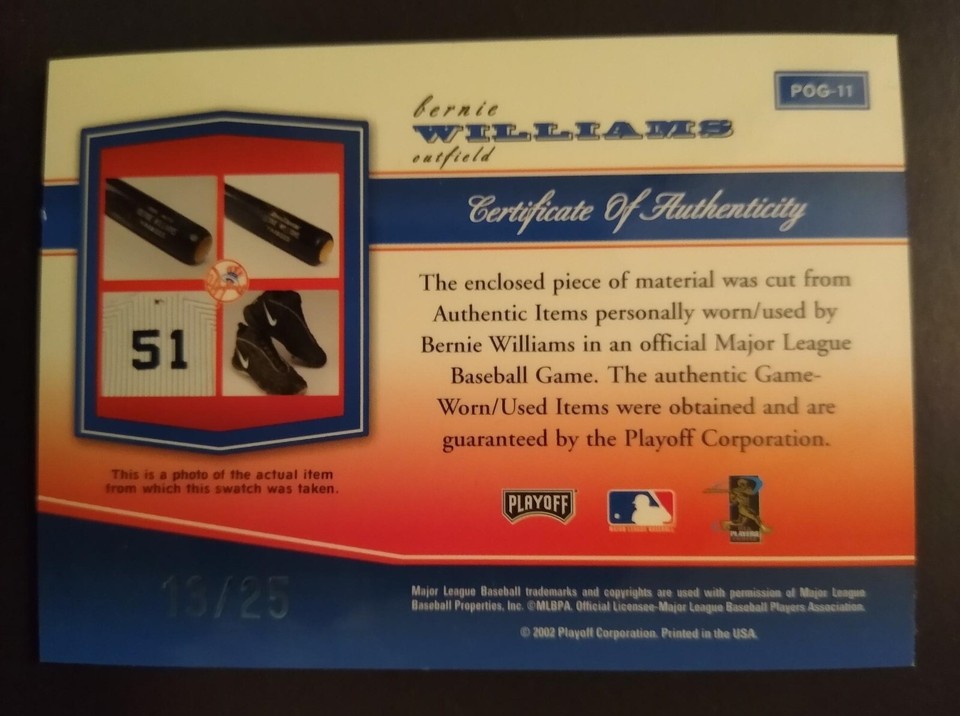 2002 PLAYOFF PIECE of the GAME USED RELIC BERNIE WILLIAMS BAT SP #'d 13 ...