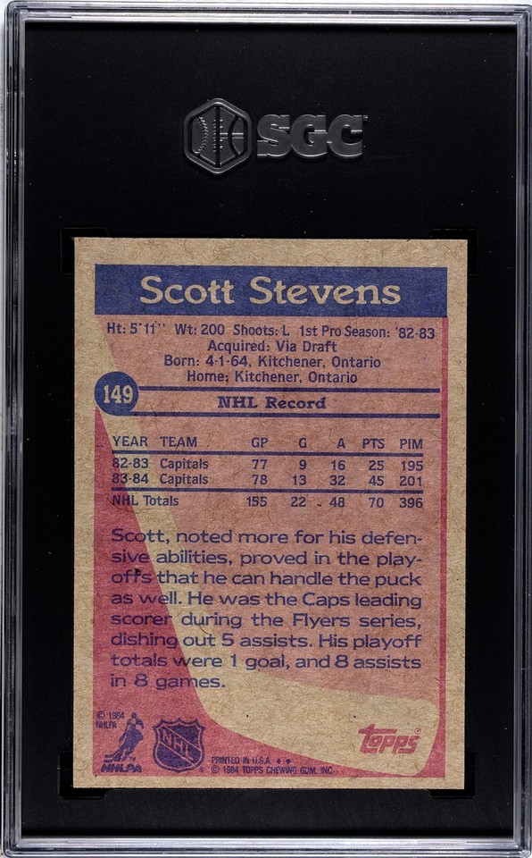 1984-85 Topps SCOTT STEVENS 149 GRADED SGC 6 HOF Washington Capitals NJ ...