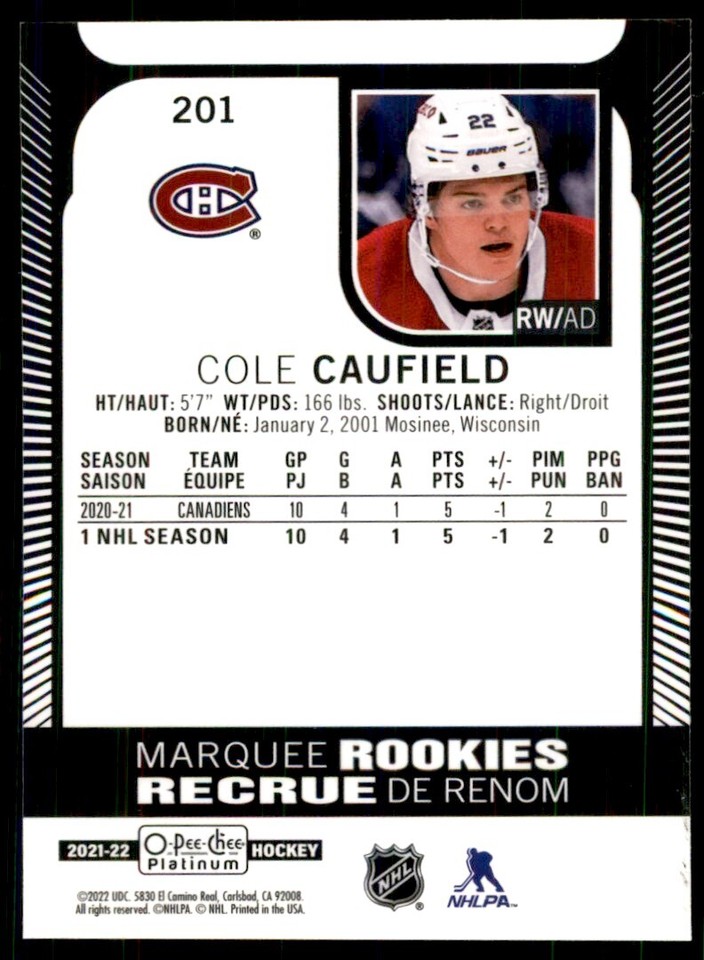 2021-22 O-Pee-Chee Platinum Cole Caufield Hockey Cards #201 | eBay