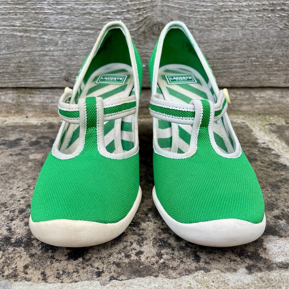 Lacoste Green Canvas T-Bar Mary Jane Heel-Pop High Heels - UK 4 EU 37 ...