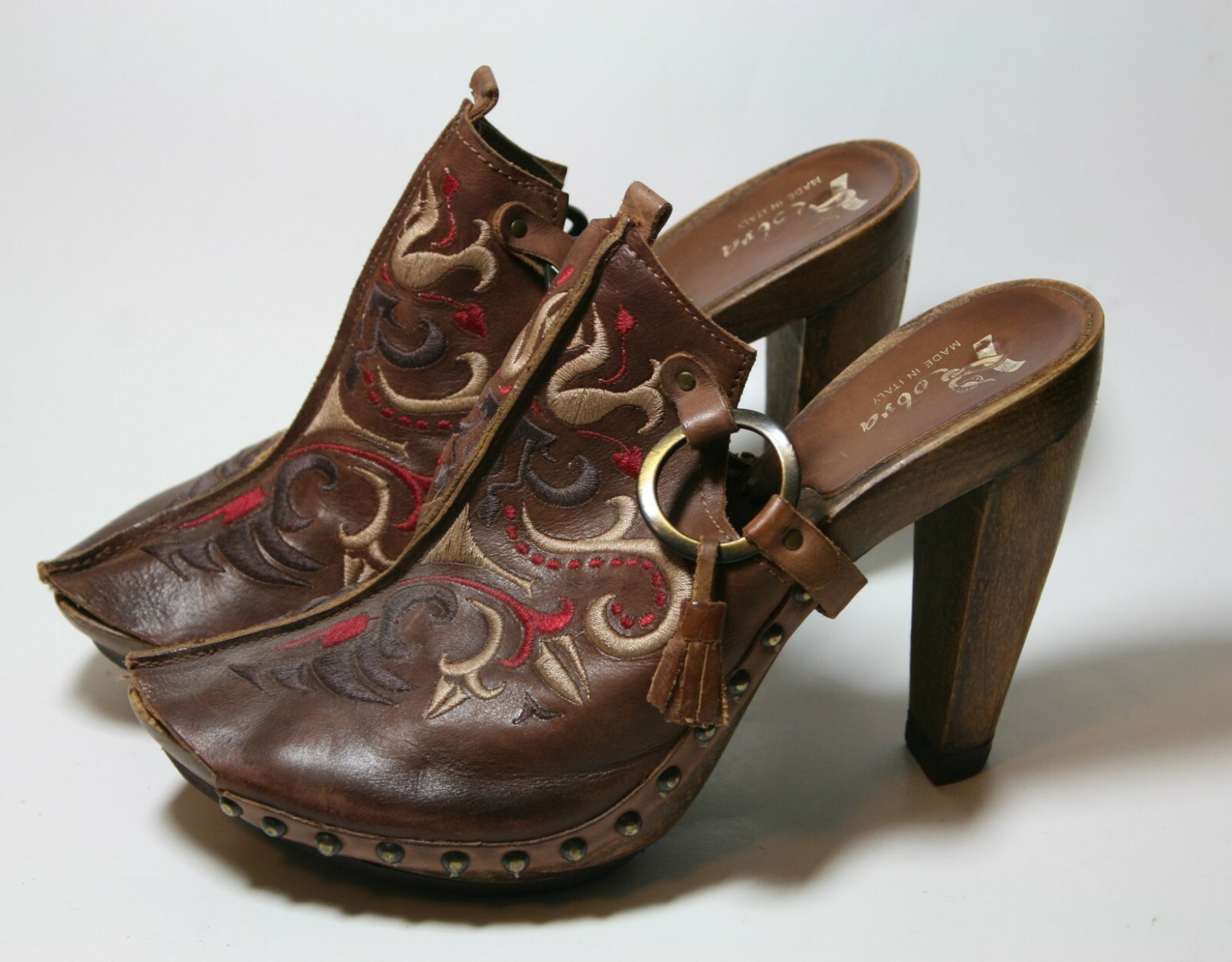 KOBRA SHOES EMBROIDERED LEATHER CLOG HEELS BOHO PEEP TOE MULES 41 ITALY ...