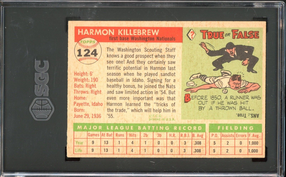 1955 Topps #124 Harmon Killebrew Rookie SGC 5 Washington Senators HOF ...