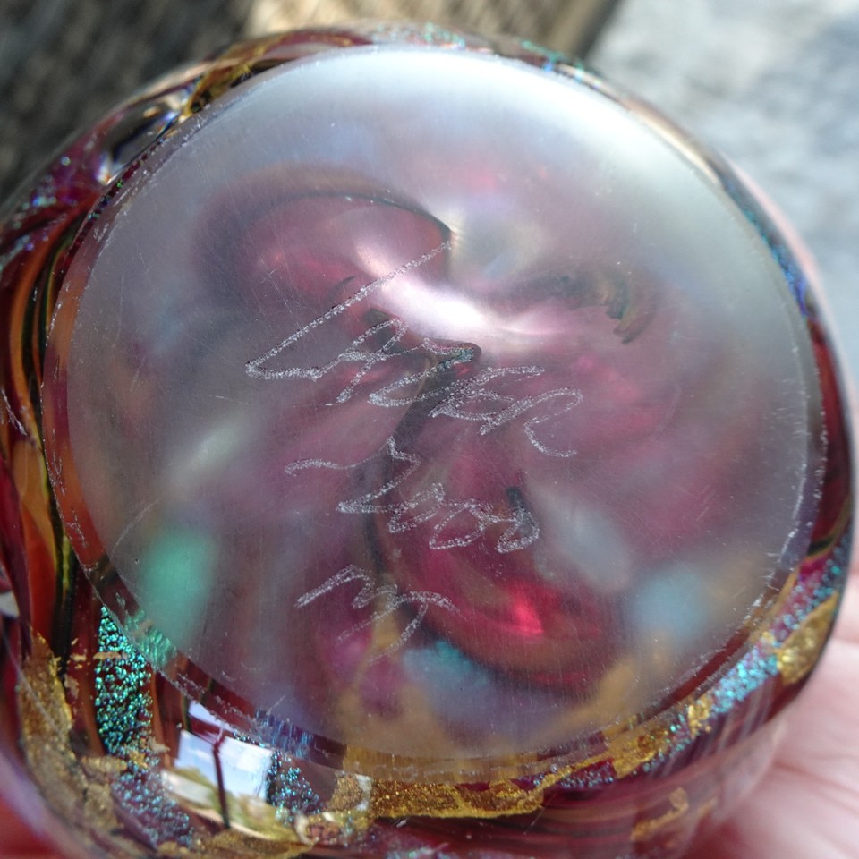 Signed Tim Lazer 2000 Studio Art Glass Dichroic Patterns Paperweight 3. ...