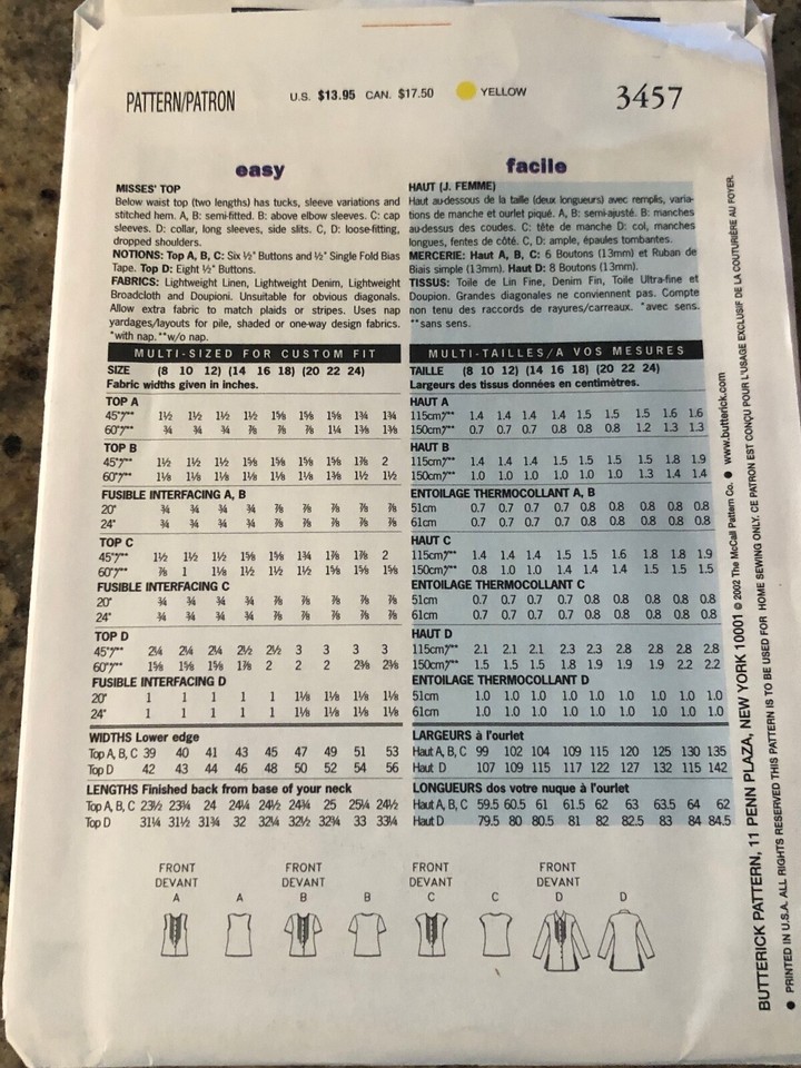 🌺 BUTTERICK #3457 - LADIES ( 4 STYLE ) FRONT TUCKED TOP - SHIRT PATTERN ...