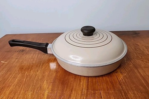 Vintage Club Aluminum Skillet Frying Pan w Lid Tan Brown Stripe Dome | eBay