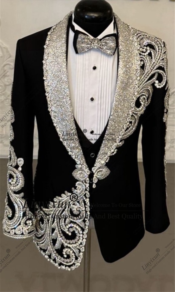 Sparkly Beaded Diamond Men Suits 2 Pieces Wedding Groom Tuxedo Prom ...