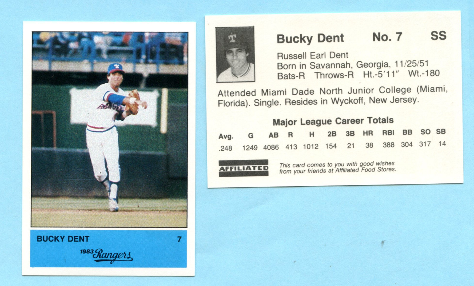1983 Affiliated Food Stores - Texas Rangers - Bucky Dent- Box 912 | eBay