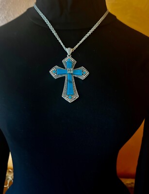Gorgeous Faux Turquoise Marcasite Cross Large Cross Pendant w ...
