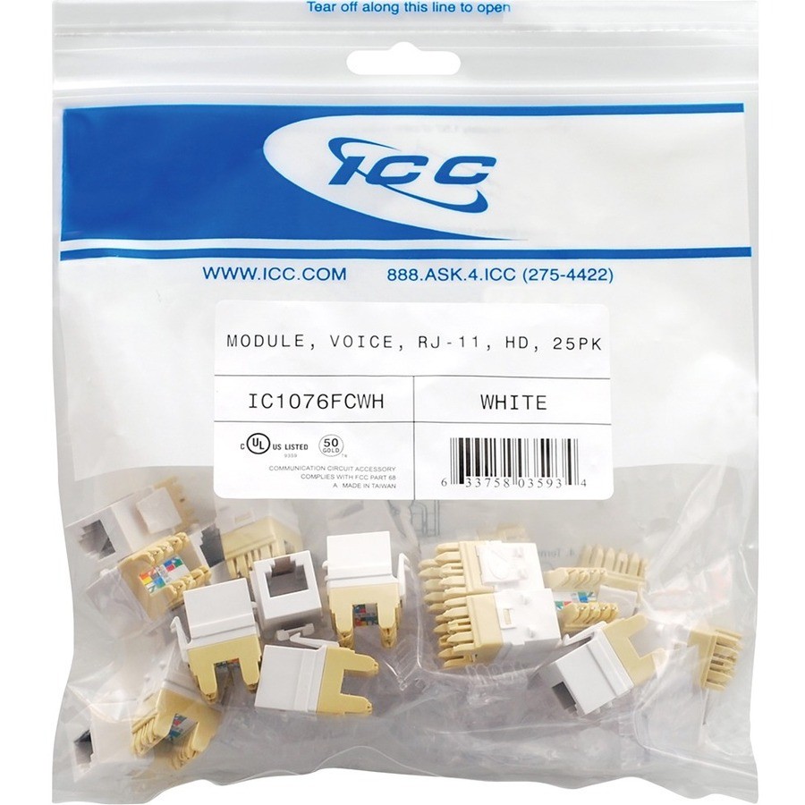 Icc Cat.3 Modular Connector - 25 Pack - 1 X Rj-11 - White (ic1076fcwh ...