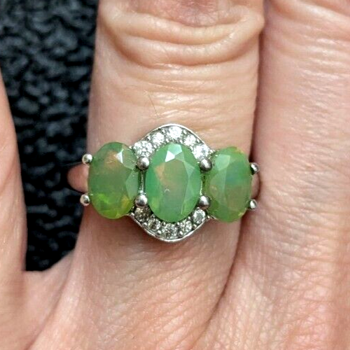 New JTV Green ETHIOPIAN OPAL & Zircon Sz6 Ring Rhodium Over Sterling ...