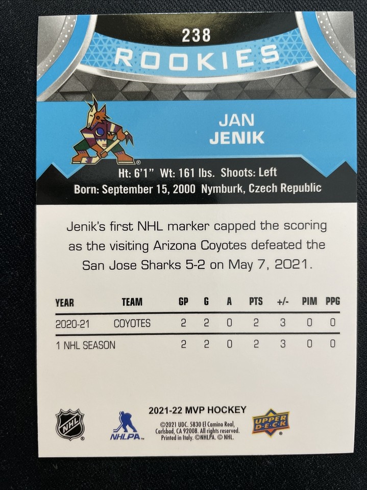 21-22 UD MVP Hockey Rookies 238 Jan Jenik | eBay