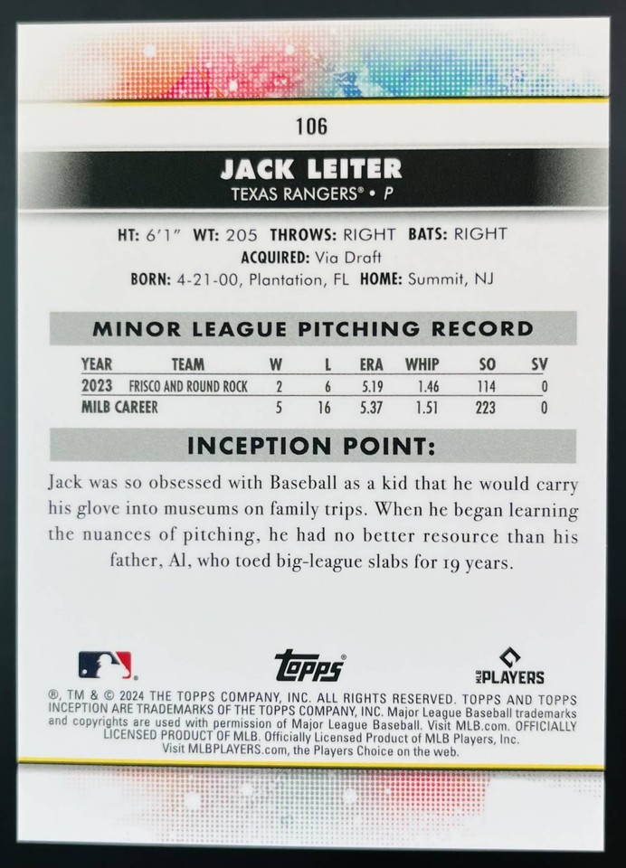 2024 Topps Inception Jack Leiter Short Prints Rangers #106 | eBay