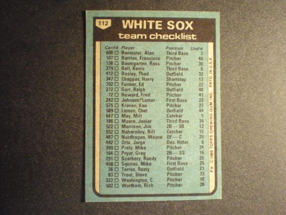 1980 Topps Baseball White Sox Team Checklist Card # 112 | eBay