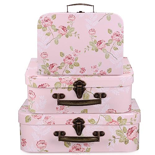 3 Pack Paperboard Suitcases Decorative Storage Box with Lids and Metal ...