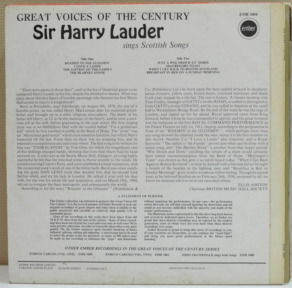Sir Harry Lauder, Sings Scottish Songs, LP Record 5a, EMB 3404, Pop ...