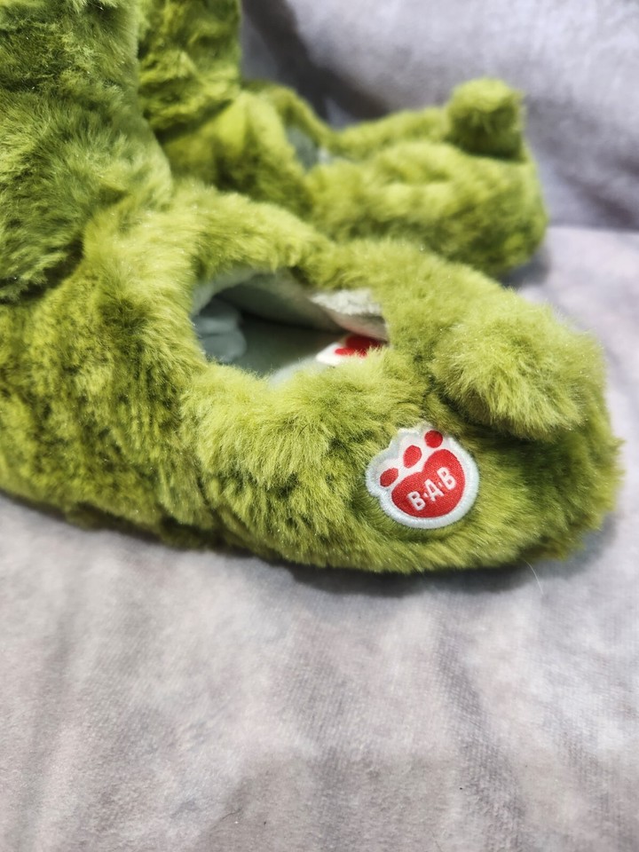 Build a Bear Dinosaur Slippers Child Size M 12/13 Furry Slip On Green T ...