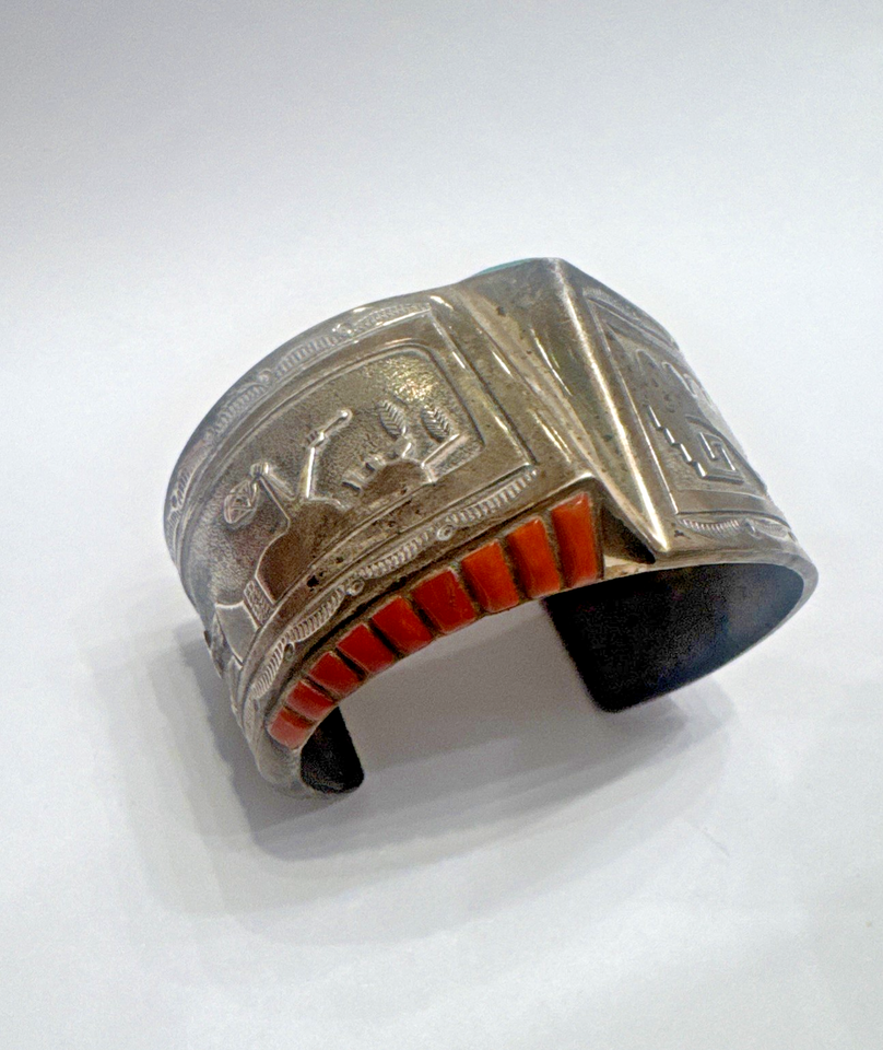 Heavy Turquoise & Coral, Sterling Silver Navajo Cuff Signed Leonard Jim ...