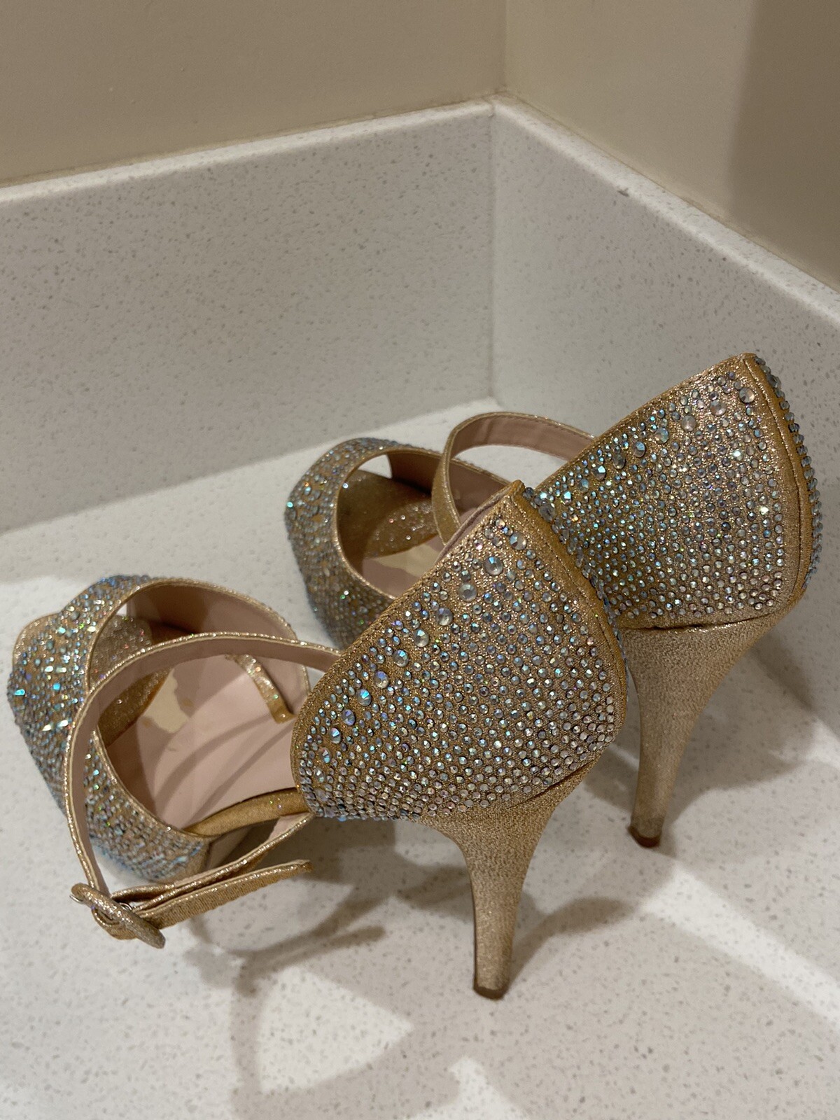 CATHY JEAN Rose Gold Rhinestones Stiletto Open Toe Platform High Heel ...