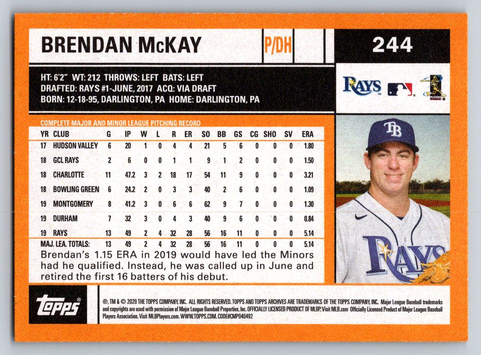 2020 Topps Throwback Thursday #35 Brendan McKay Tampa Bay Rays RC ...