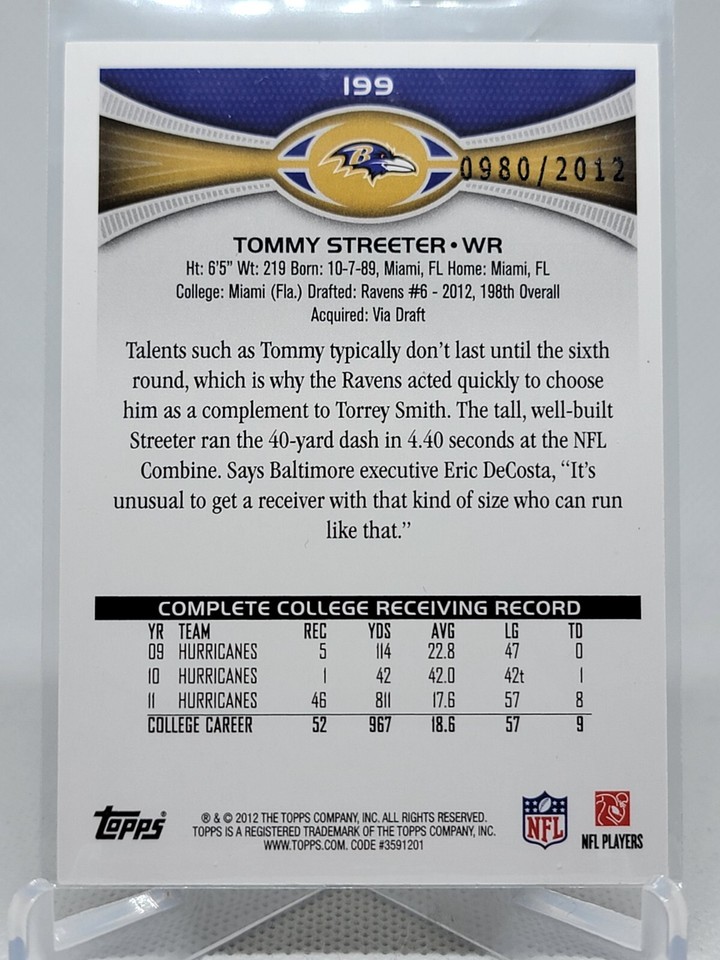 2012 Topps Gold Baltimore Ravens Football Card #199 Tommy Streeter ...