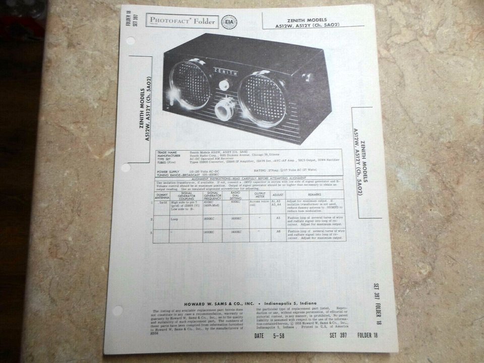 ZENITH A512W & A512Y - SCHEMATIC & PARTS ID - SAMS PHOTOFACT 397/18 ...