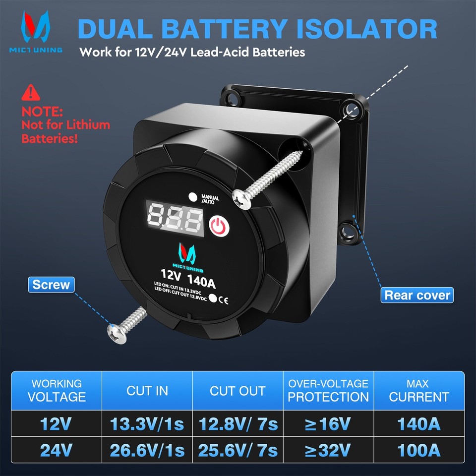 140Amp Smart Dual Battery Isolator VSR Voltage Relay w/Voltmeter for ...