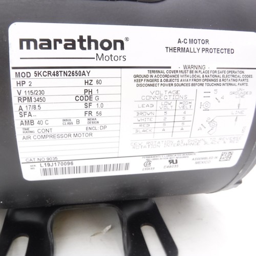 2 HP Marathon Air Compressor Motor 1 Ph 3450 RPM 115/230V, Rigid Frame ...