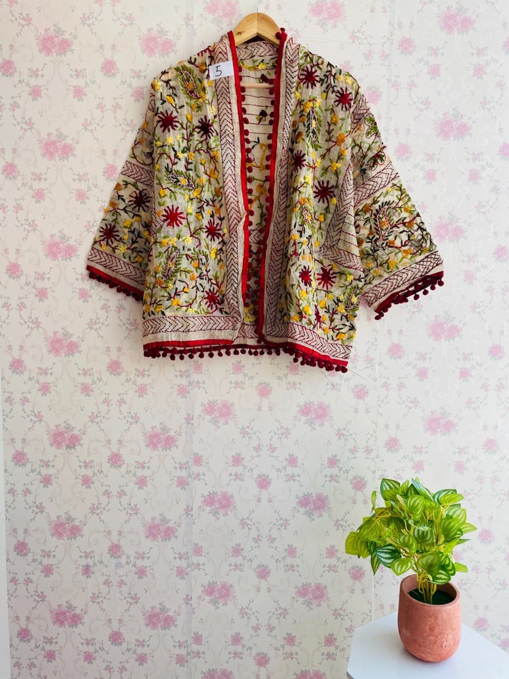 Women's Cardigan Jacket Floral Hand Embroidery Short Kimono Robe Boho ...