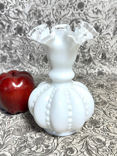 Antique Fenton Glass White Silver Crest Melon Bead Ruffled Vase 6 1/2 ...